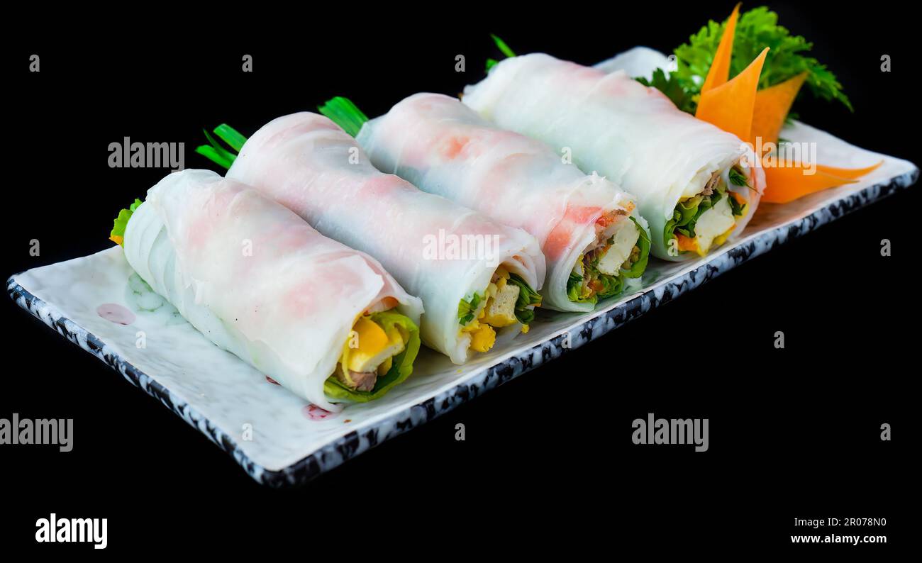 Vietnamese Pho spring roll with seafood, tofu, vegetables isolated on ...