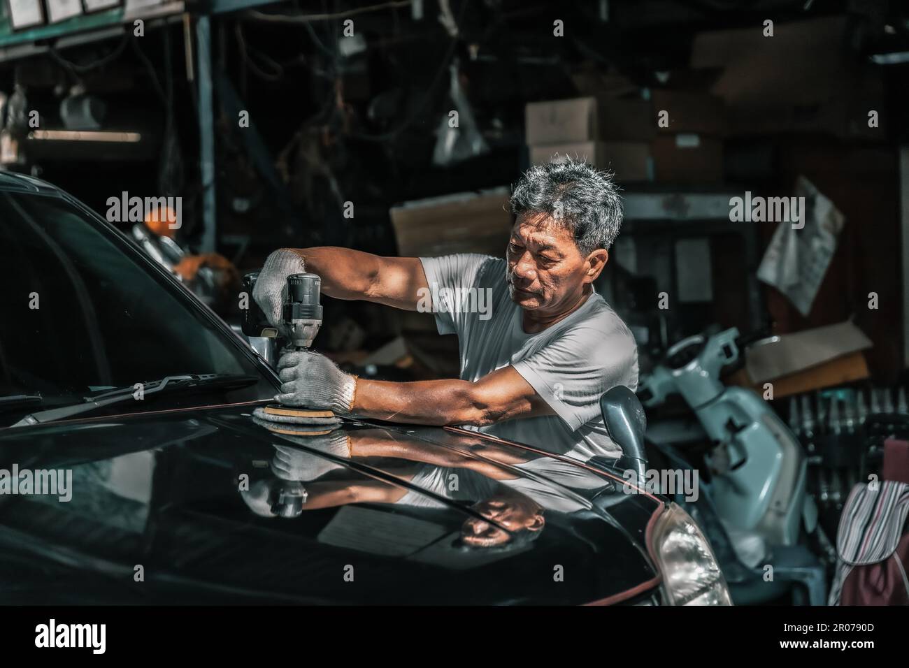 Auto mechanic diagnose and troubleshoots with tools and equipment ...