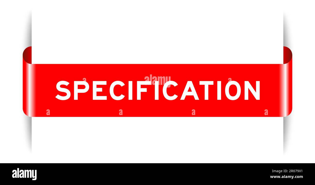 Red color inserted label banner with word specification on white ...