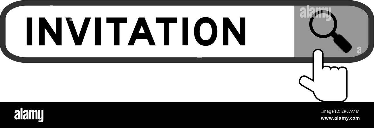 Search banner in word invitation with hand over magnifier icon on white ...