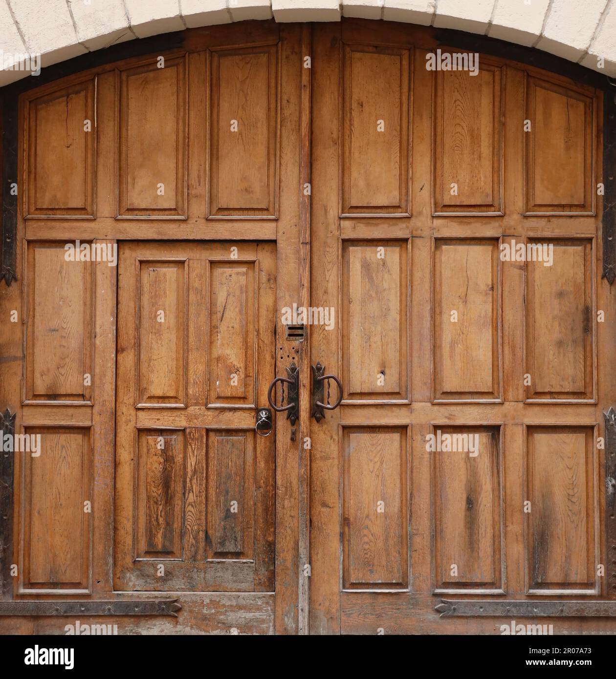 Old ancient wooden door texture in european medieval style. The detailed texture of closed brown ...