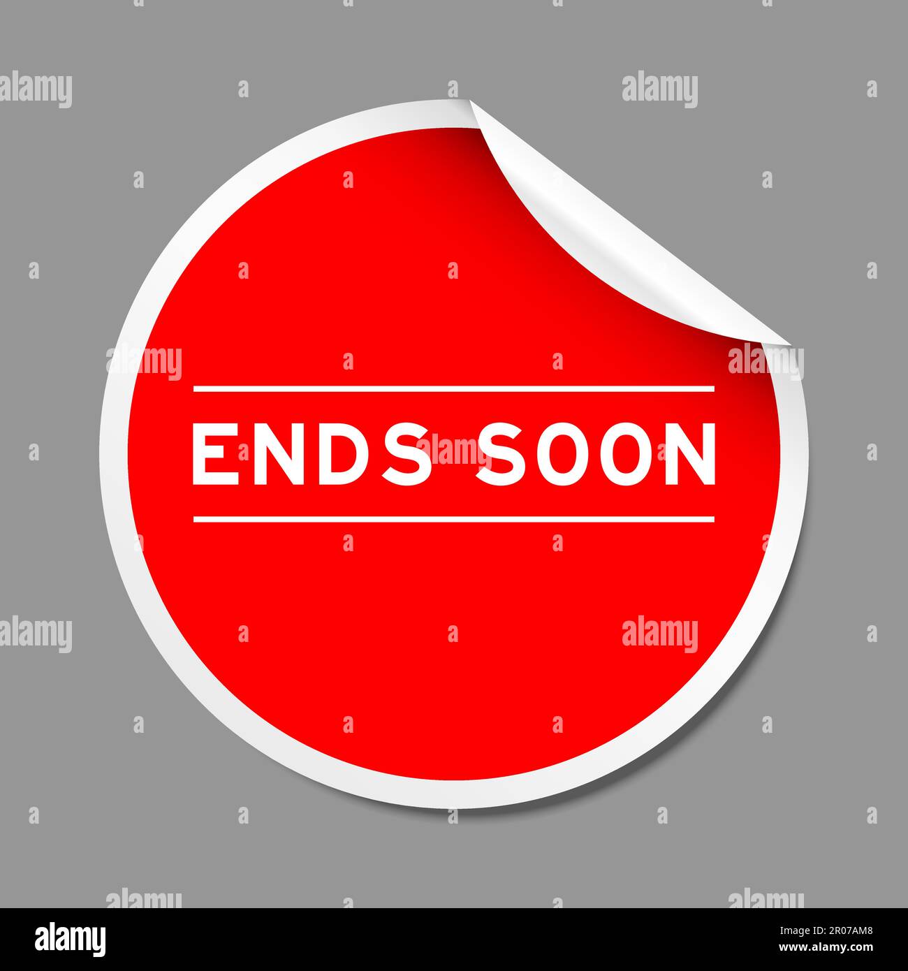 Red color peel sticker label with word ends soon on gray background ...