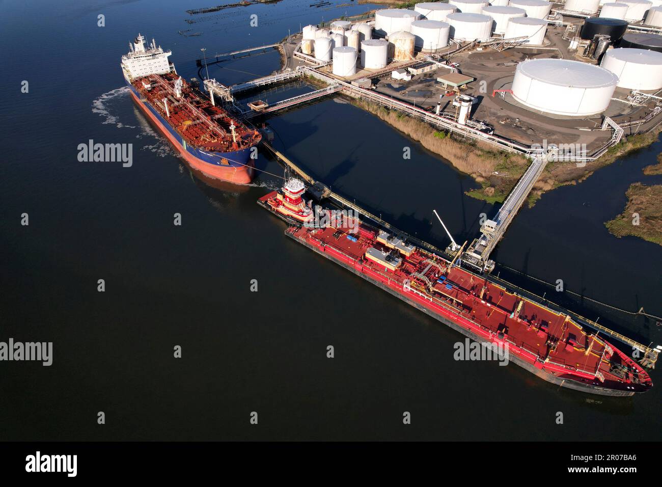Aerial view of chemical tankers loading at the Perth Amboy, New Jersey ...