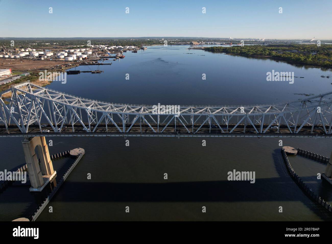 Aerial view of traffic crossing the Outerbridge Crossing over the ...