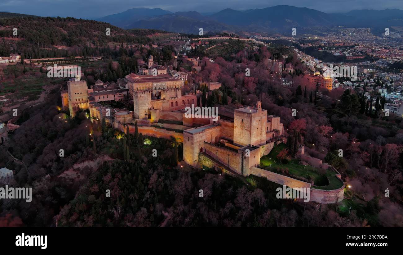 Alhambra palace in Granada, Spain, Islamic medieval castle, aerial view ...