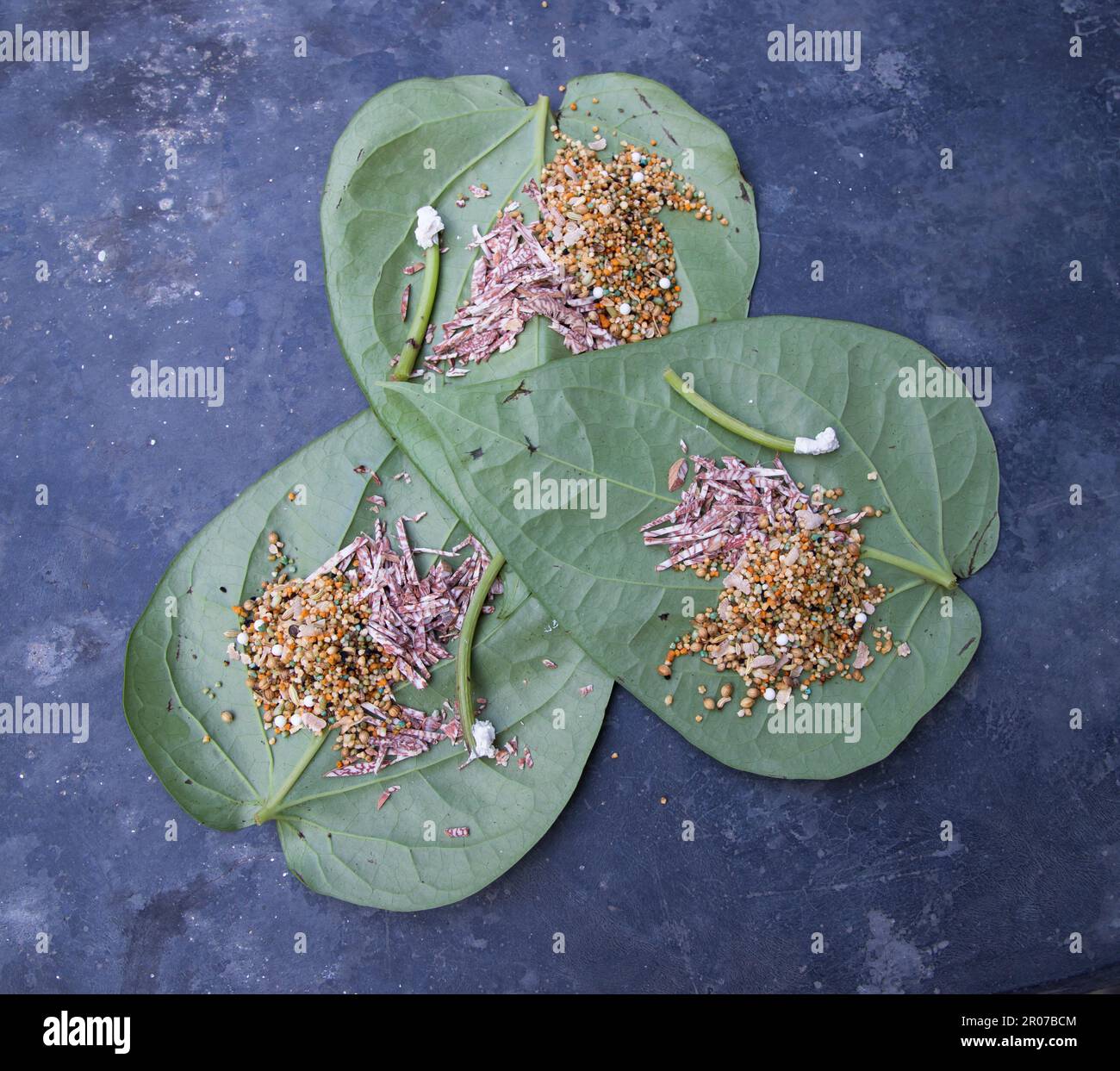 Decoration Green betel Leaf on the concrete floor with betel nut, sweet ...