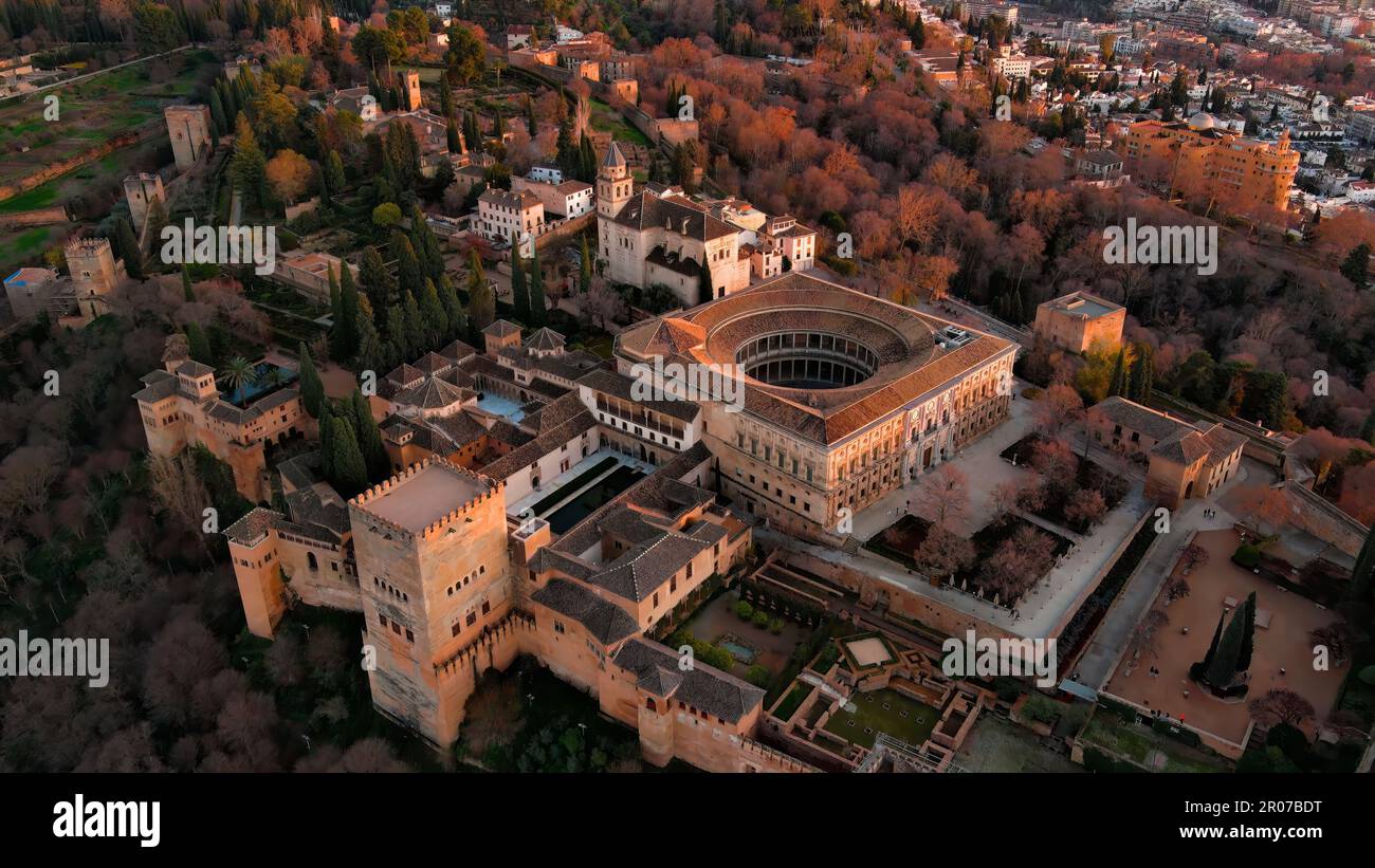 Aerial view of the famous Alhambra palace and fortress at sunset, in ...