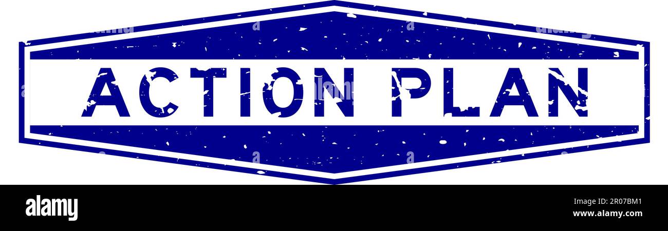 Grunge blue action plan word hexagon rubber seal stamp on white ...