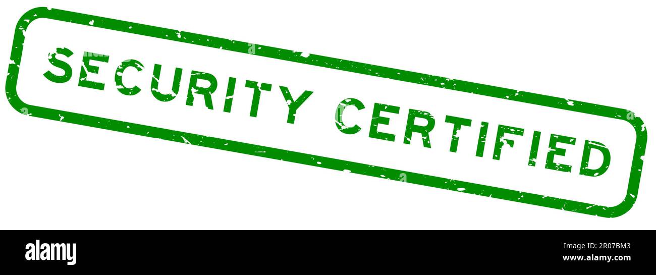 Grunge green security certified word square rubber seal stamp on white ...