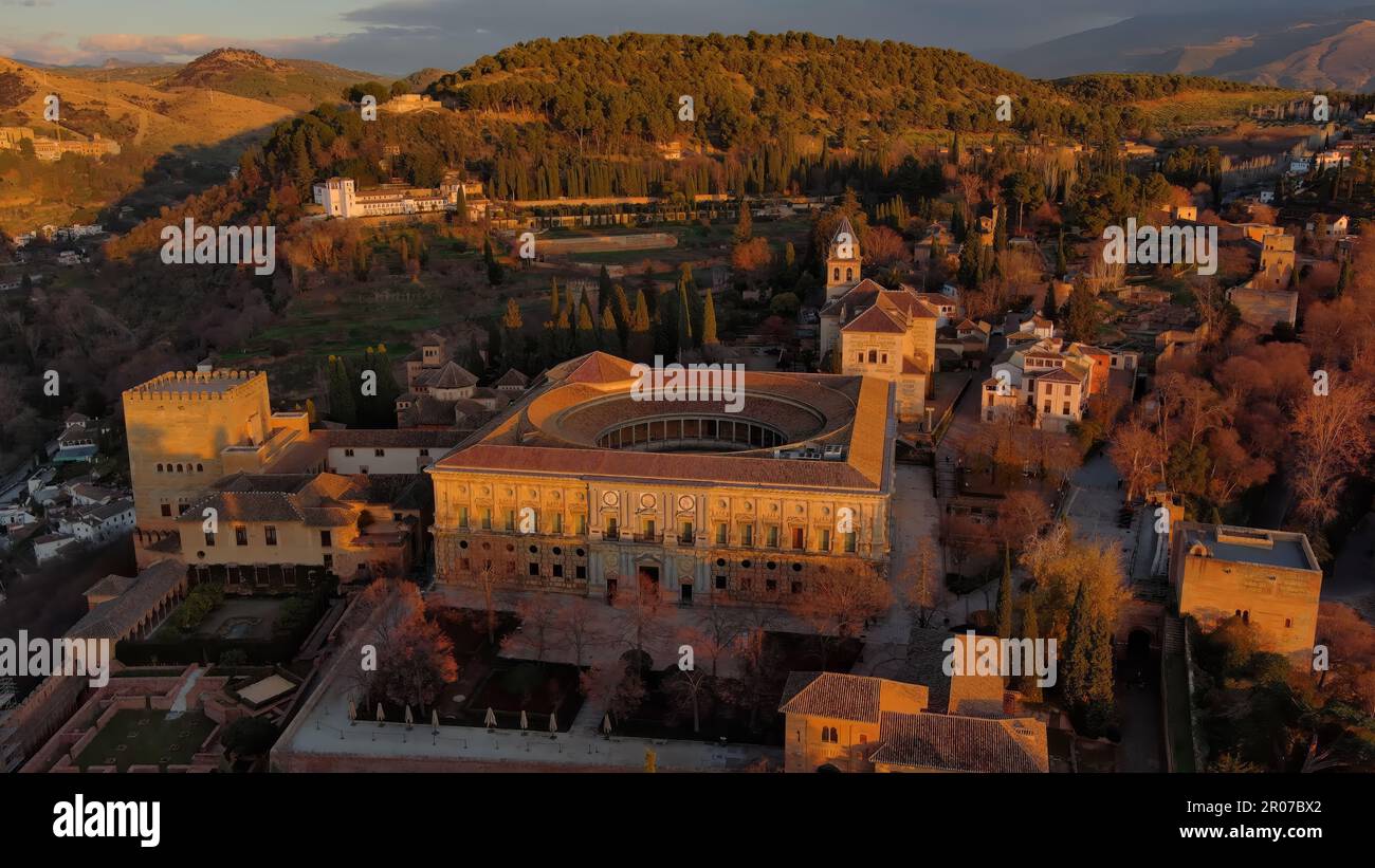 Aerial view of the famous Alhambra palace and fortress at sunset, in ...