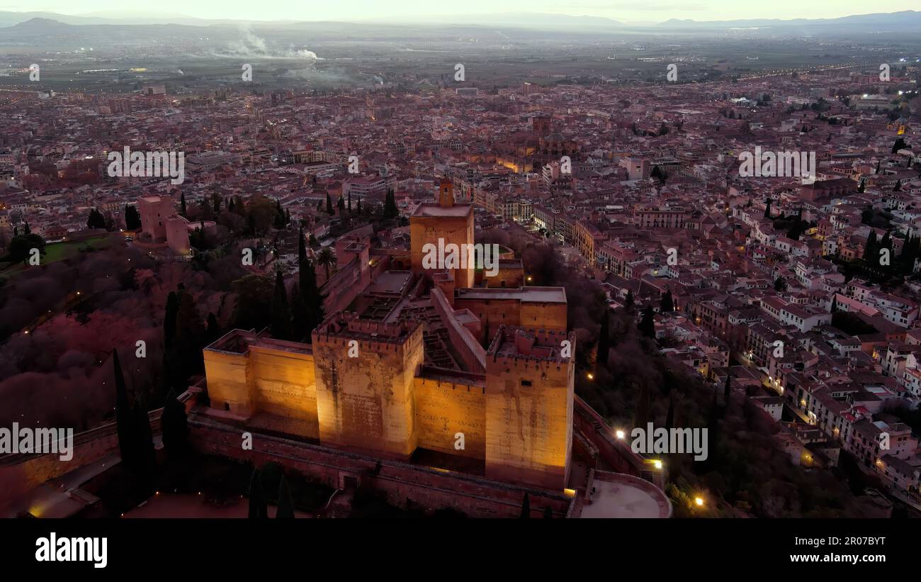 Alhambra palace in Granada, Spain, Islamic medieval castle, aerial view ...