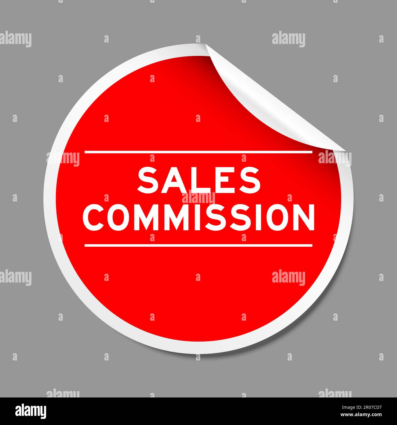 Red color peel sticker label with word sales commission on gray ...