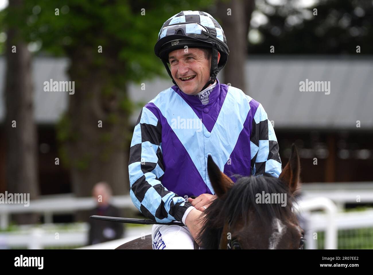 Jockey Shane Foley celebrates after winning the Derby Trial Stakes with ...