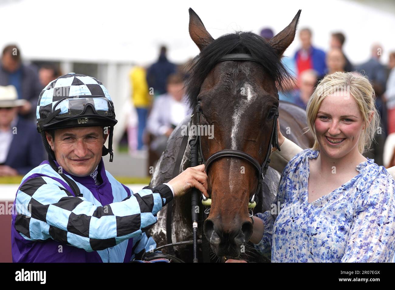 Jockey Shane Foley (left) celebrates after winning the Derby Trial ...
