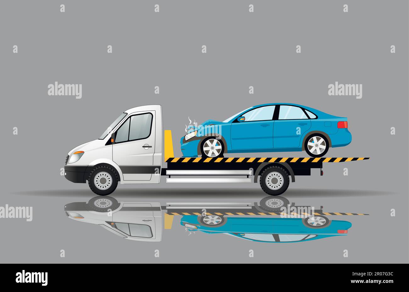 A tow truck transports a broken car after an accident. Reflection on ...