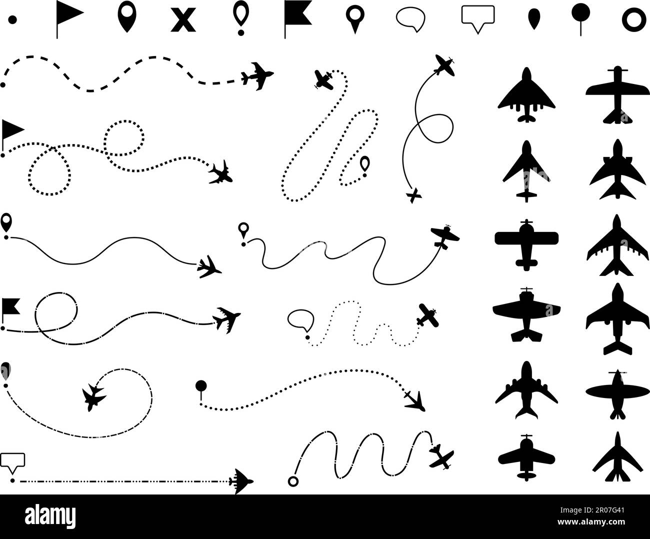 Black aircraft routes and plane silhouettes. Isolated airplanes, dotted ...