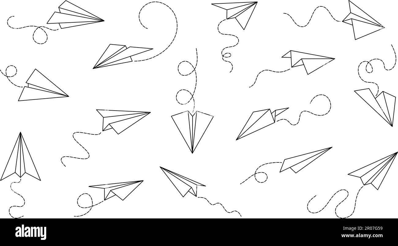 Doodle paper airplane, aircraft creative graphics with line dotted ... Doodle paper airplane, aircraft creative graphics with line dotted ...