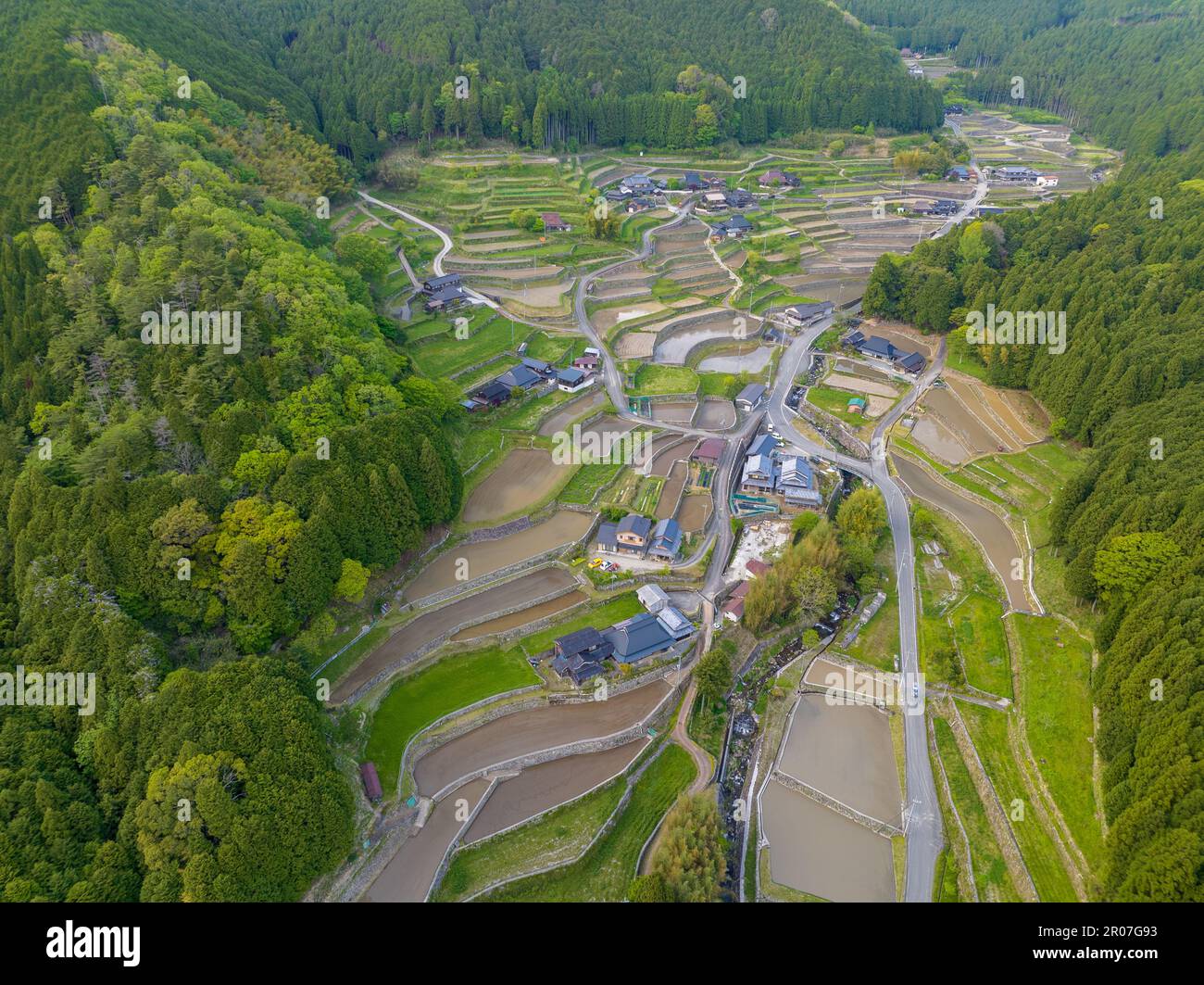 Aerial view of terraced rice fields flooded for planting season in ...