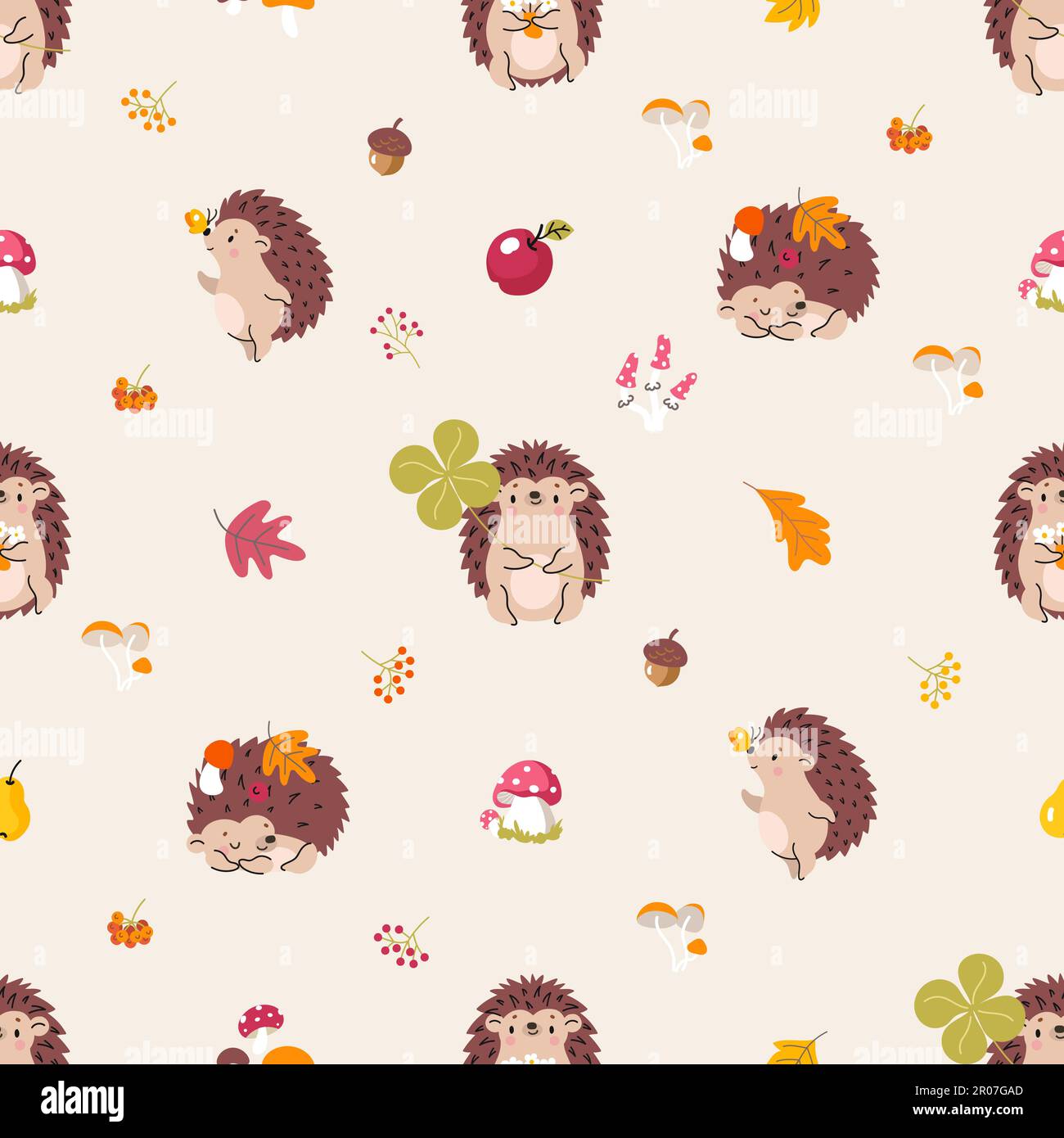 Hedgehog autumn seamless pattern. Fall hedgehogs, forest cartoon fabric ...