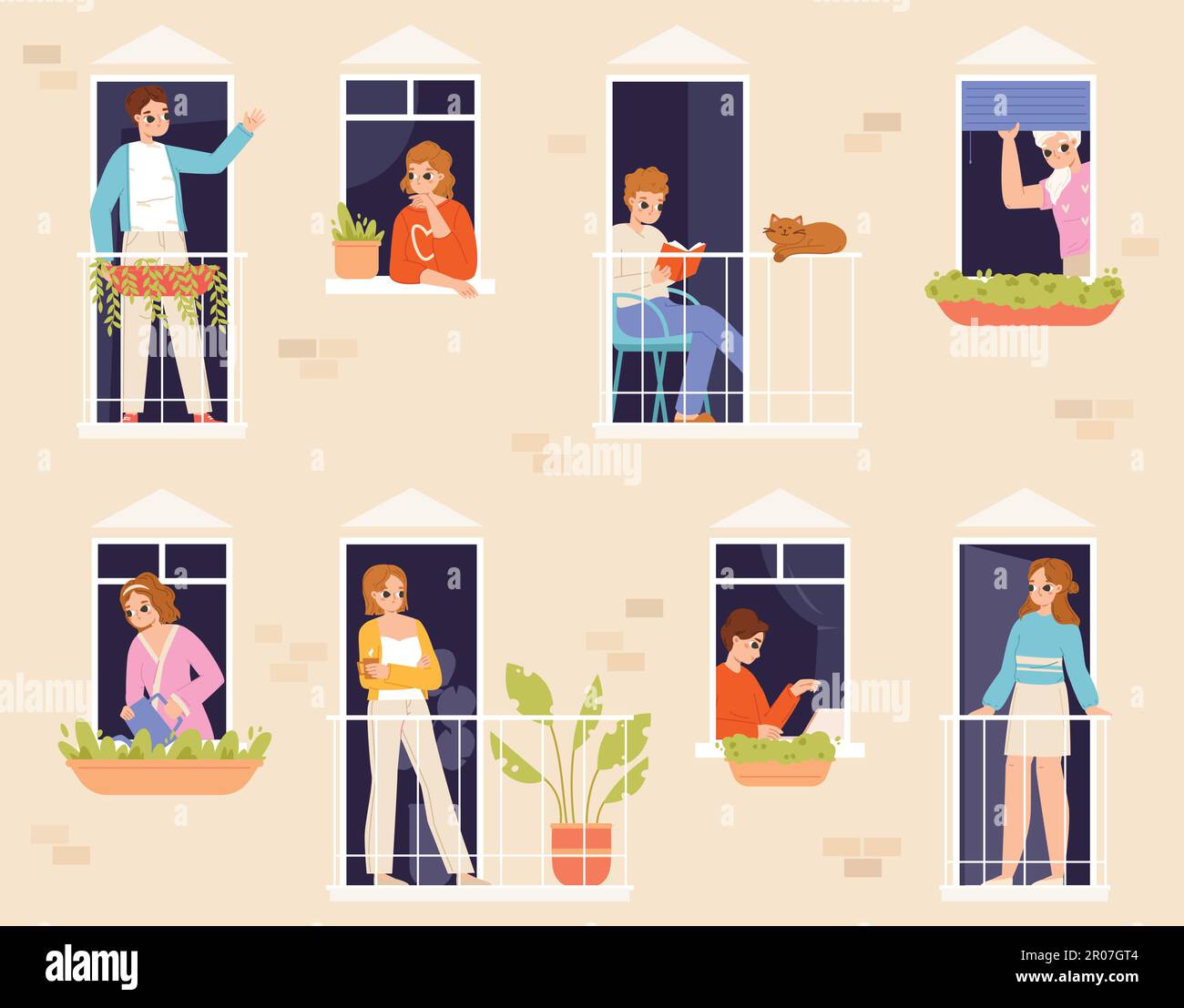 Neighborhood scene, neighbors in windows apartments house. People relax ...