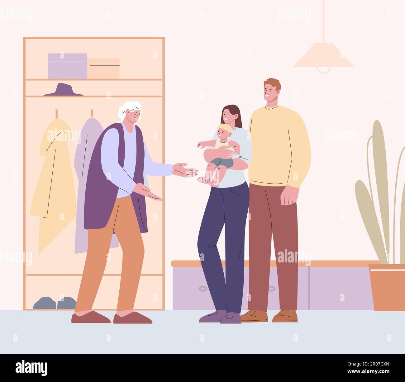 Happy grandmother and young parents with newborn. Grandparent visit ...