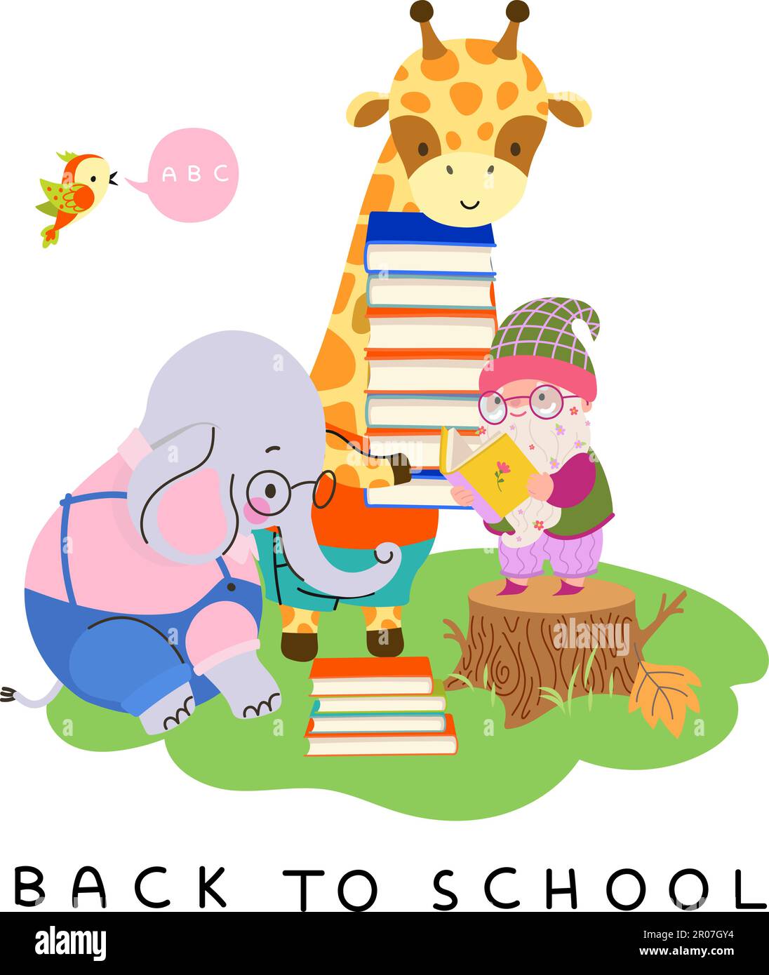Back to school characters. Gnome teacher reading book to giraffe and ...