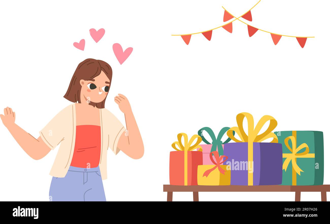 Cartoon Girl With Birthday Present Happy Girl Holding Giftbox. Full
