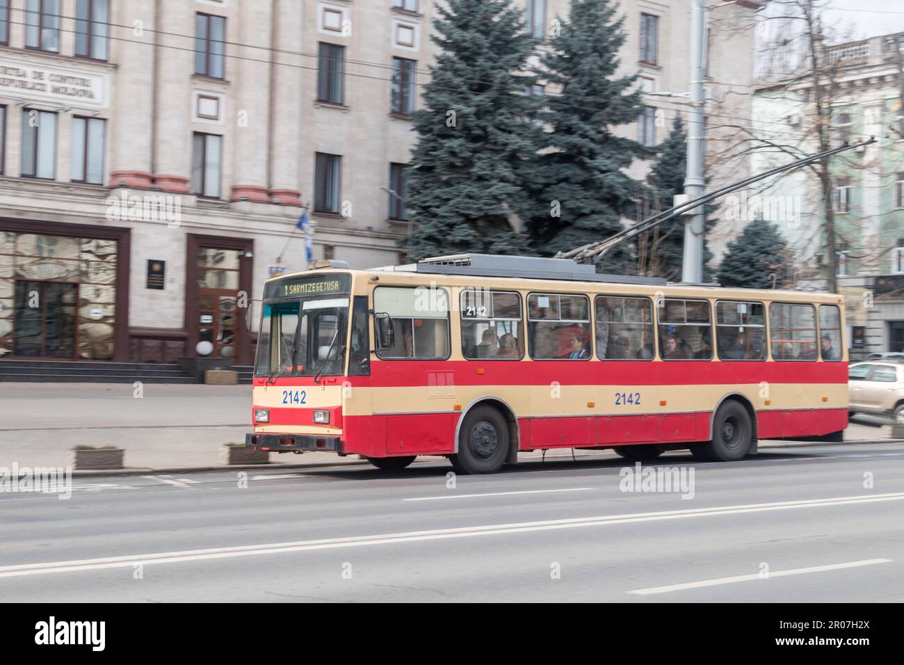 Chisinau, Moldova - March 8, 2023: Trolleybus in the center of Chisinau ...