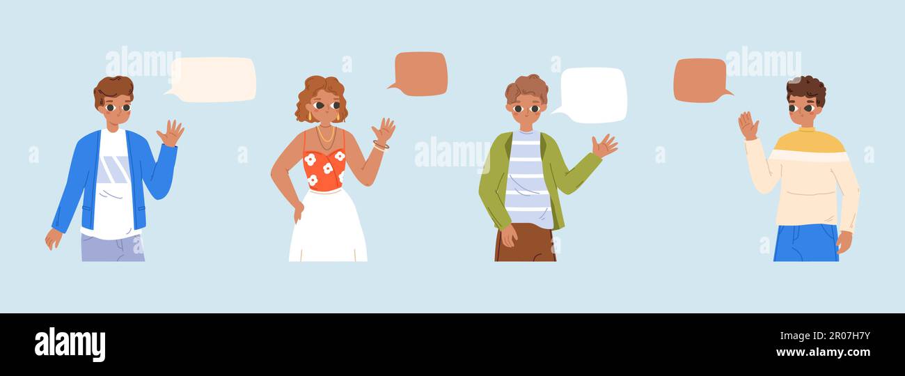 Teenagers and young adults with speech bubbles. Cute cartoon people ...