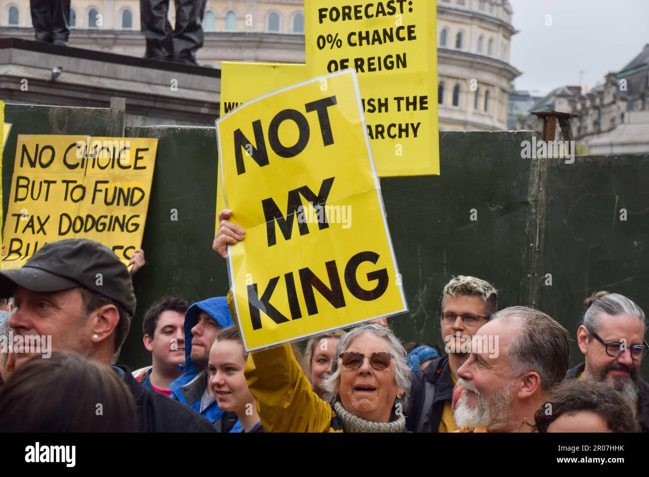 London, UK. 6th May 2023. Anti-monarchists stage a protest in Trafalgar ...