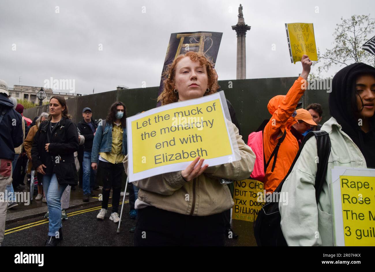 London, UK. 6th May 2023. Anti-monarchists stage a protest in Trafalgar ...