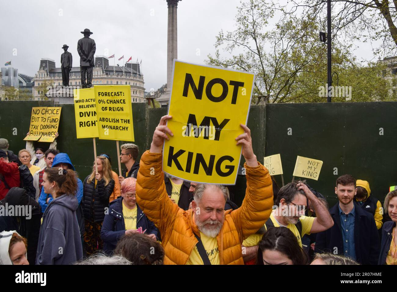 London, UK. 6th May 2023. Anti-monarchists stage a protest in Trafalgar ...