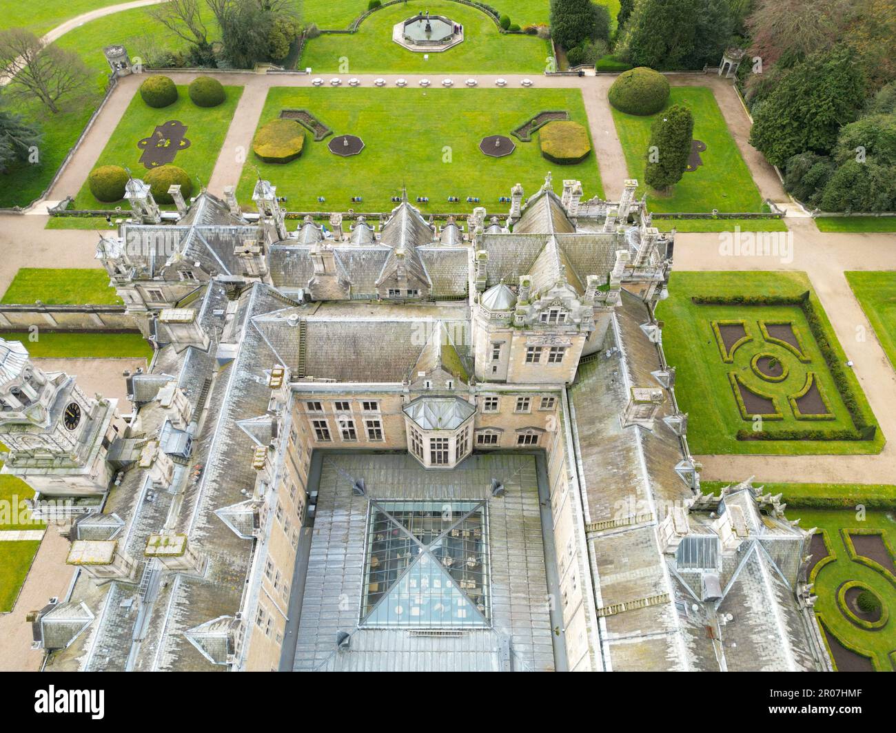 Top down view of a grand hall now turned into a premier hotel. Showing ...