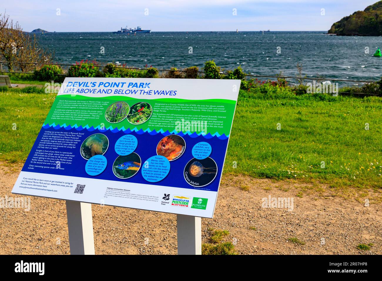 Looking across Plymouth Sound from Devil's Point Park information board ...
