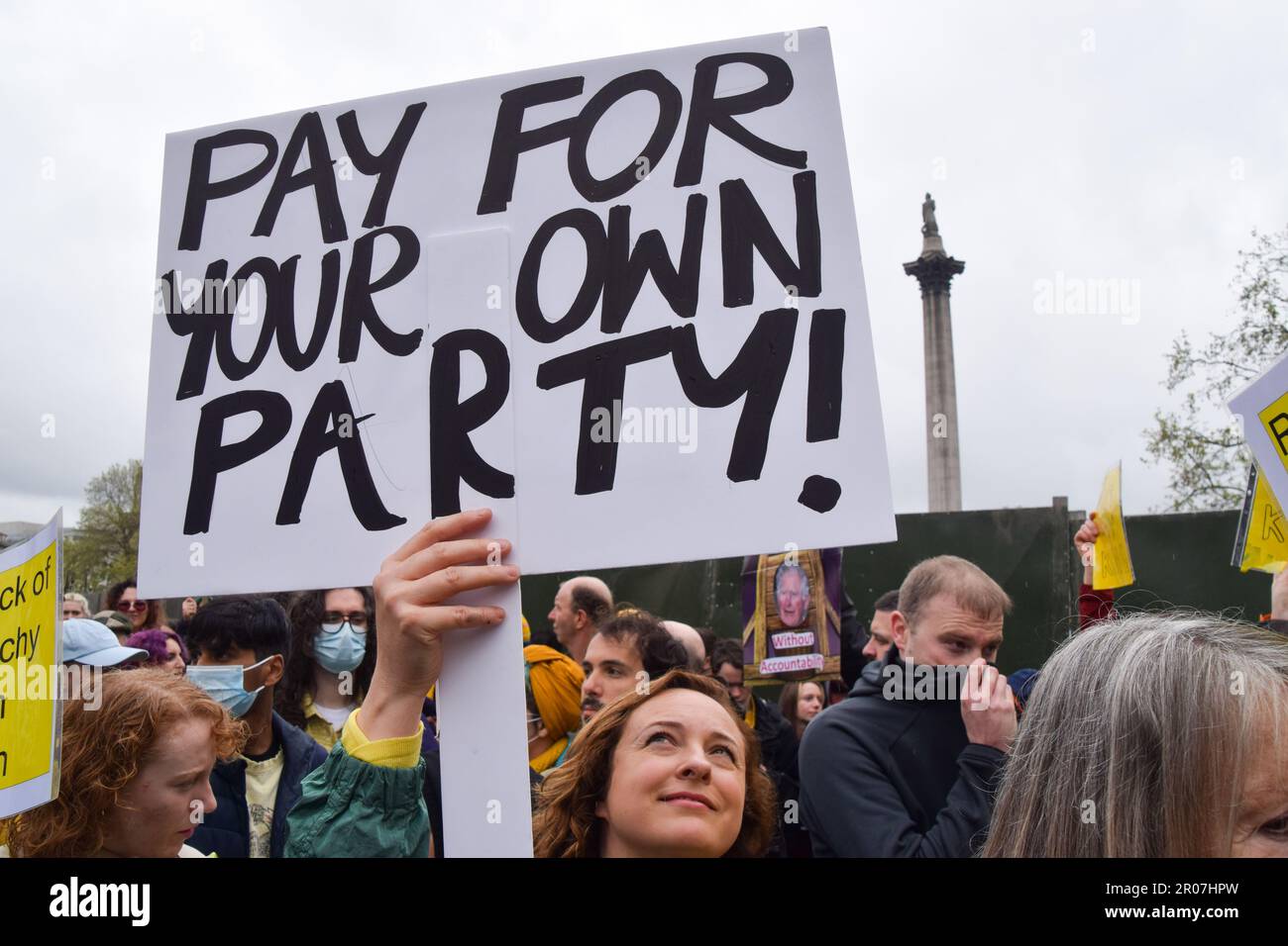 London, UK. 6th May 2023. Anti-monarchists stage a protest in Trafalgar ...