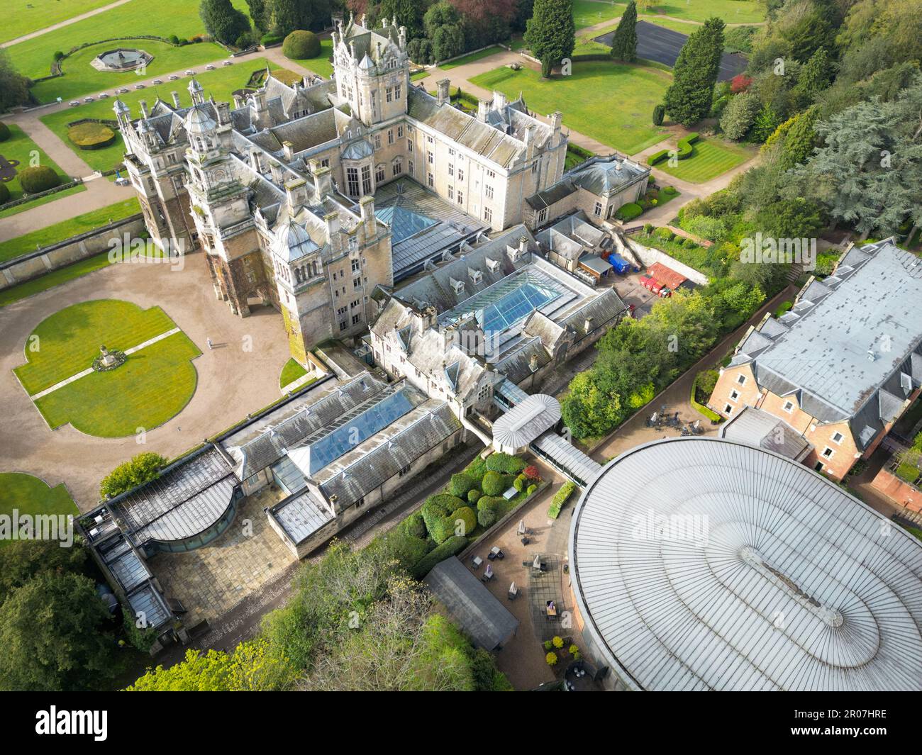 Top down view of a grand hall now turned into a premier hotel. Showing ...