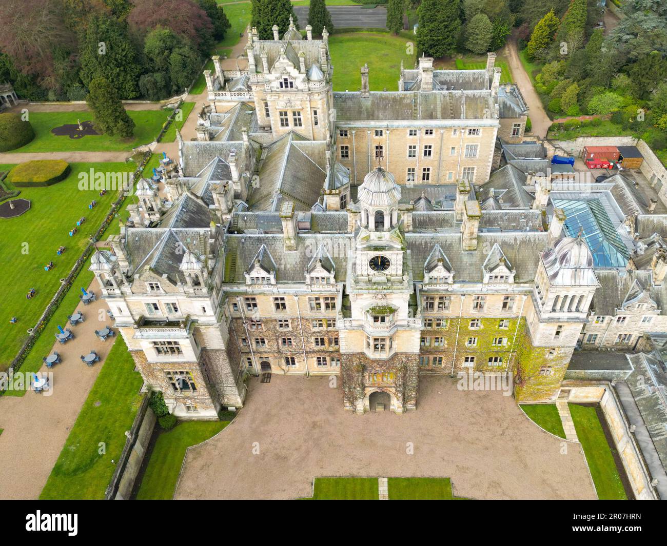 Top down view of a grand hall now turned into a premier hotel. Showing ...