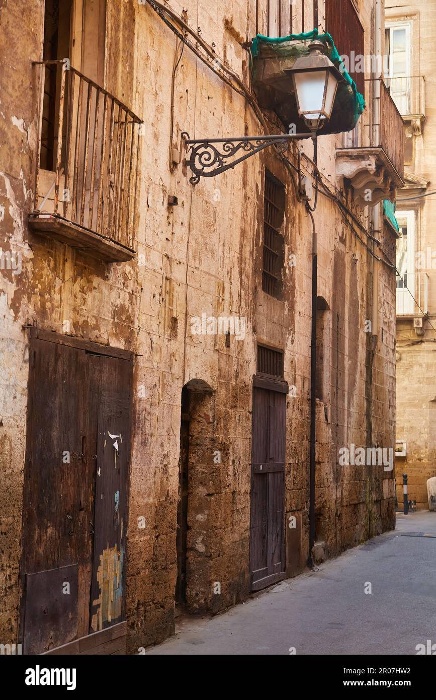 Travel destination. Old street in city with road and stone buildings ...