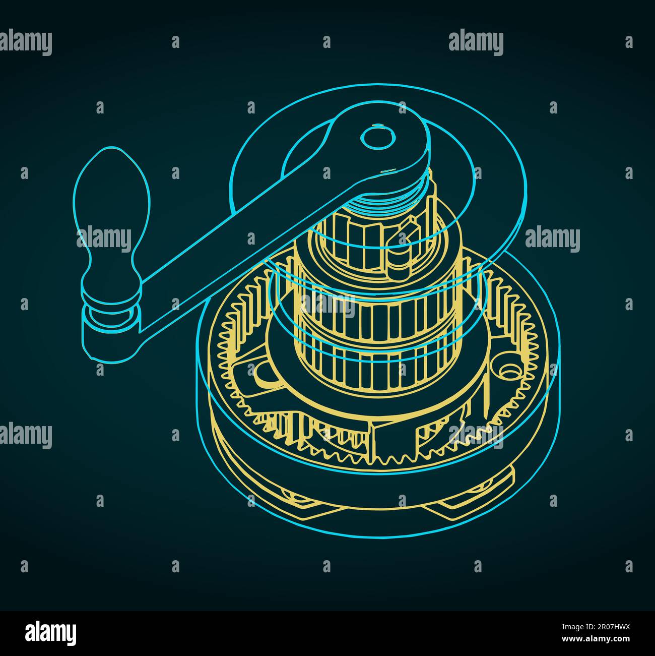 Stylized vector illustration of isometric blueprint of a winch and its ...
