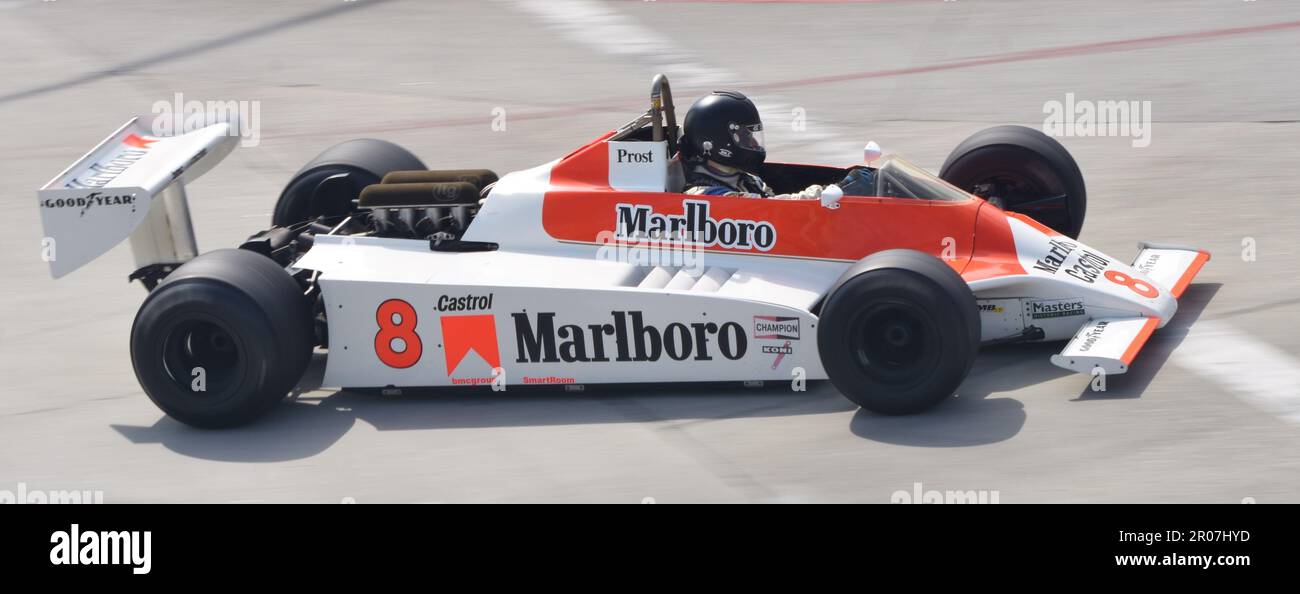 The M30 McLaren at the Long Beach Grand Prix, driven by Alain Prost in the 1980 F1 season Stock ...