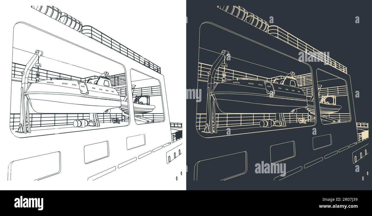 Stylized vector illustrations of rescue boats aboard a large ship close ...