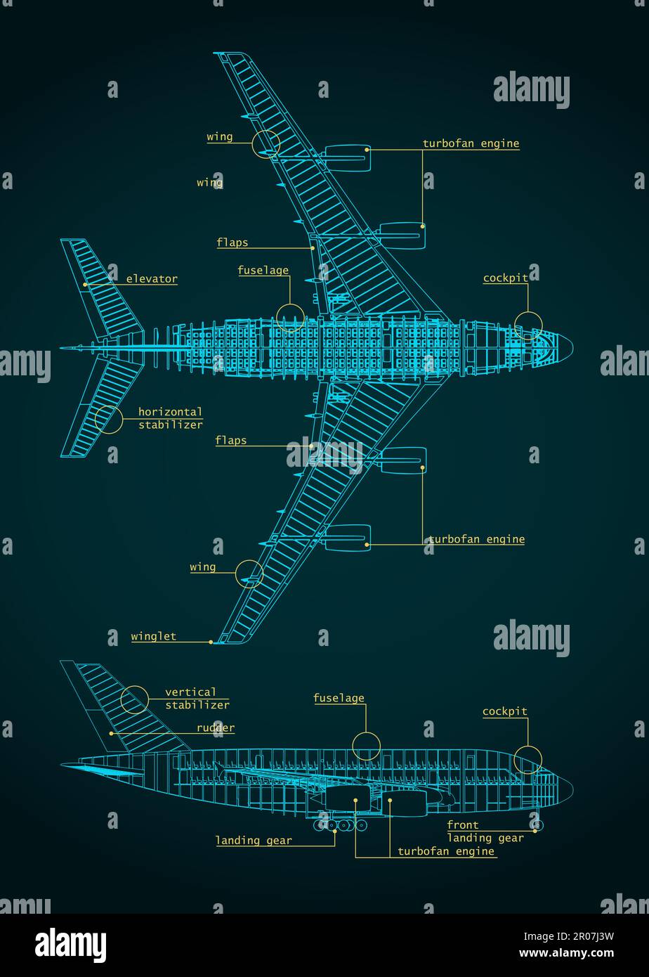Stylized vector illustration of blueprints of large passenger plane ...