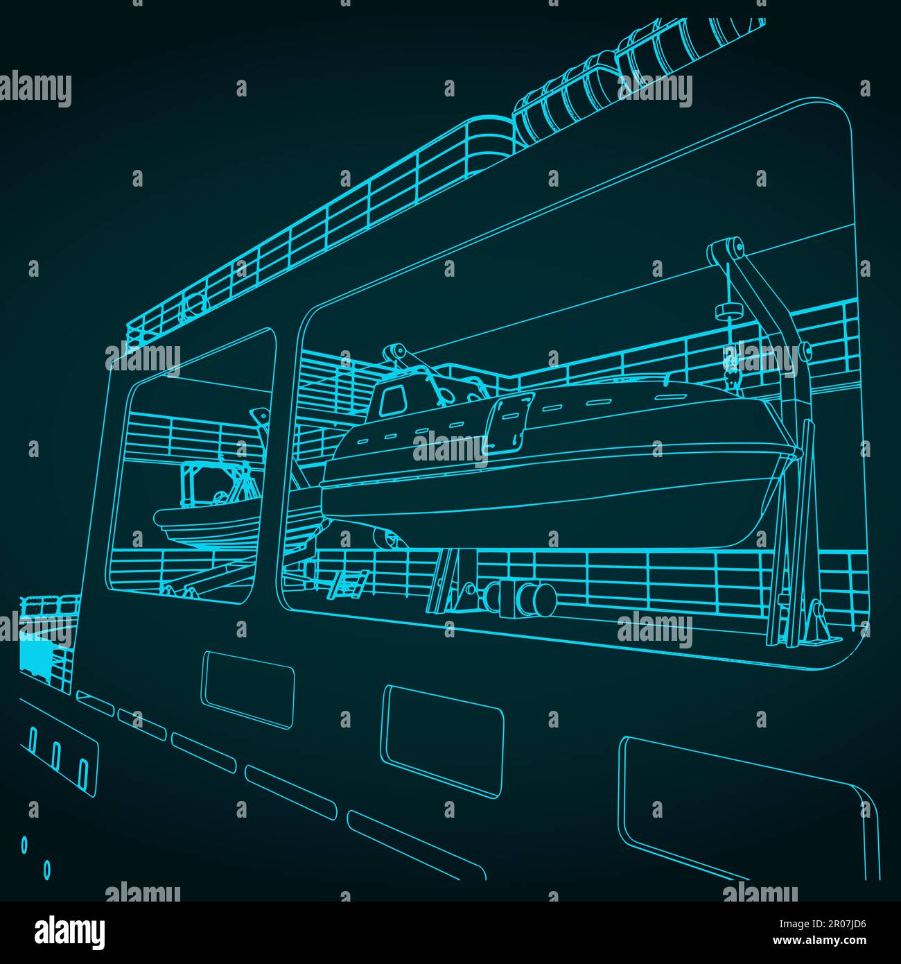Stylized vector illustration of rescue boats aboard a large ship close ...
