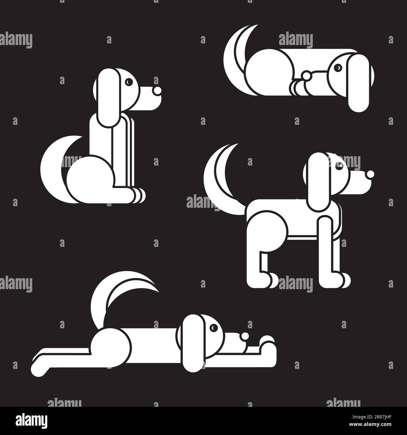 Dog in sitting, standing, sleeping and lying positions. Vet symbol ...