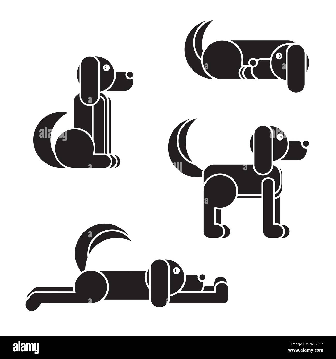 Dog in sitting, standing, sleeping and lying positions. Vet symbol ...