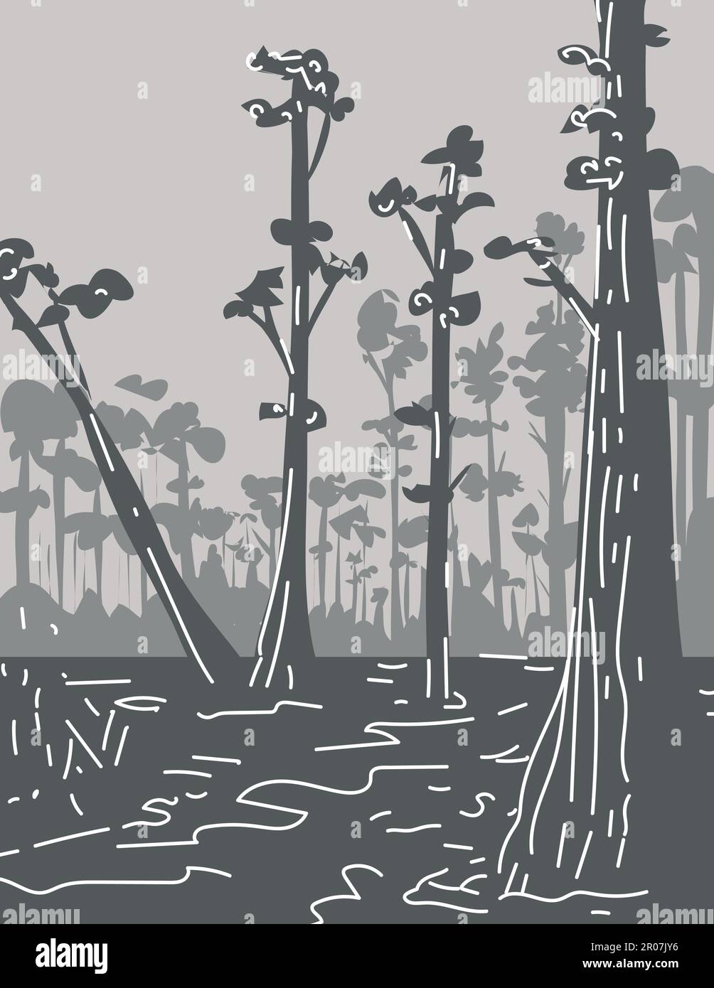 Mono line illustration of Everglades National Park a wetlands preserve ...