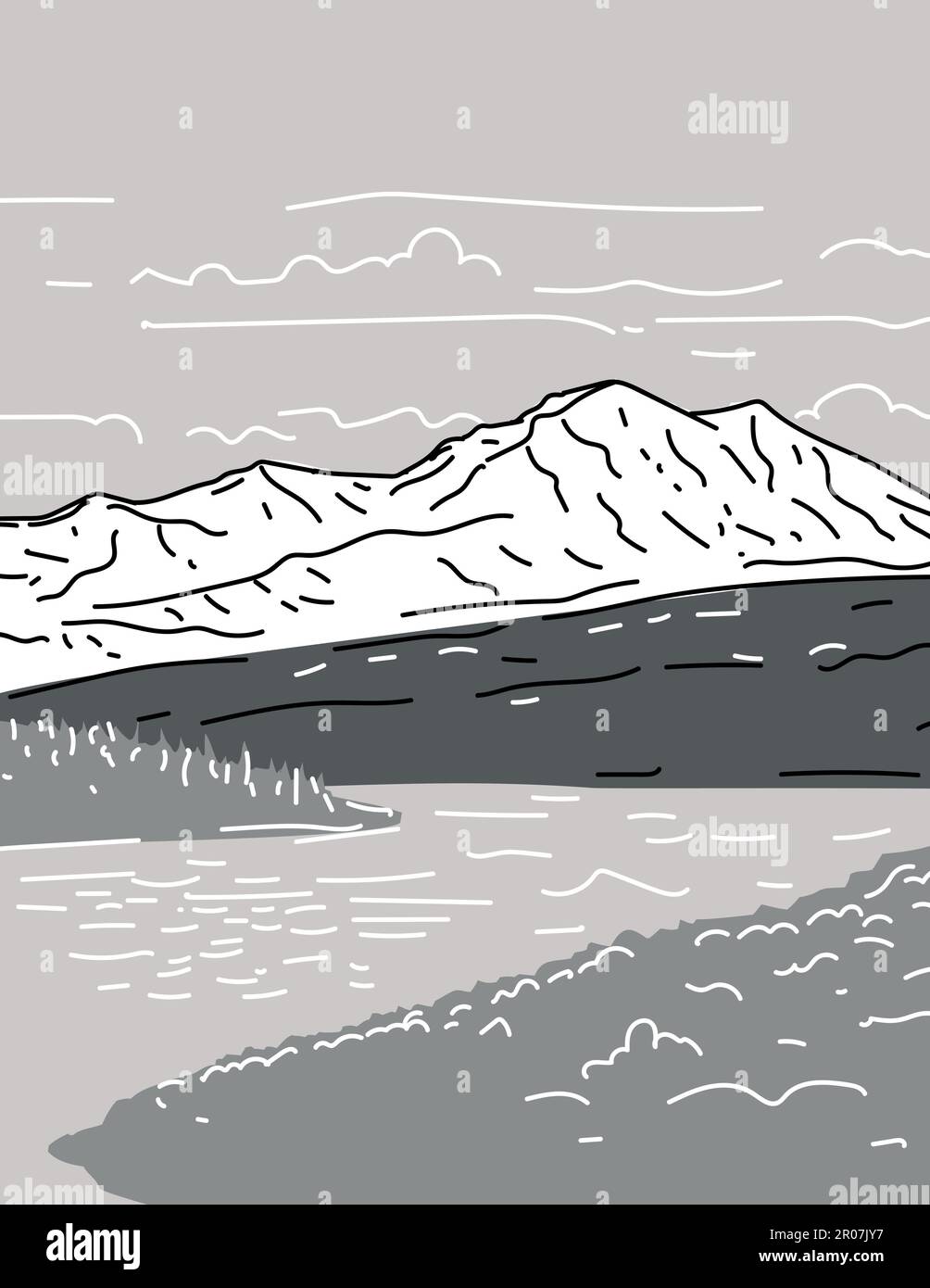 Mono line illustration of Denali National Park and Preserve or Mount ...