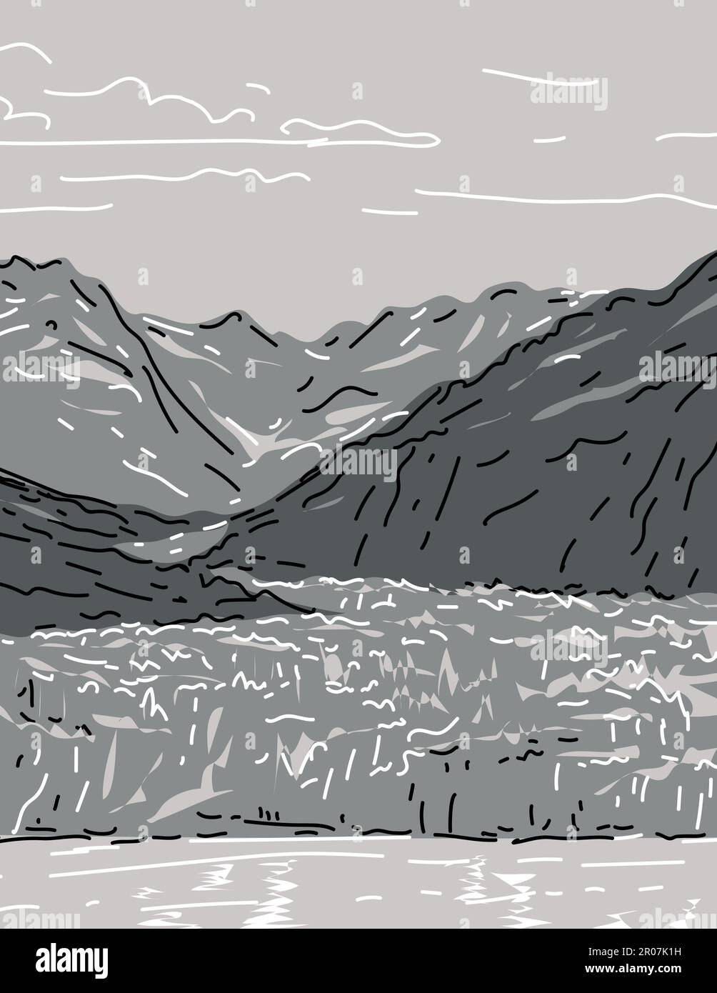 Mono line illustration of Glacier Bay National Park and Preserve in ...