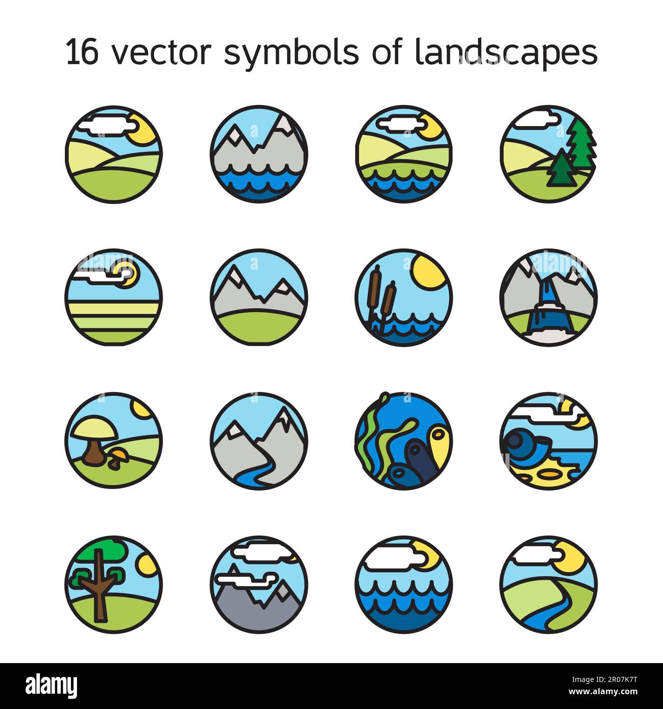 Landscape icons collection. Nature symbols and paysages in round form ...