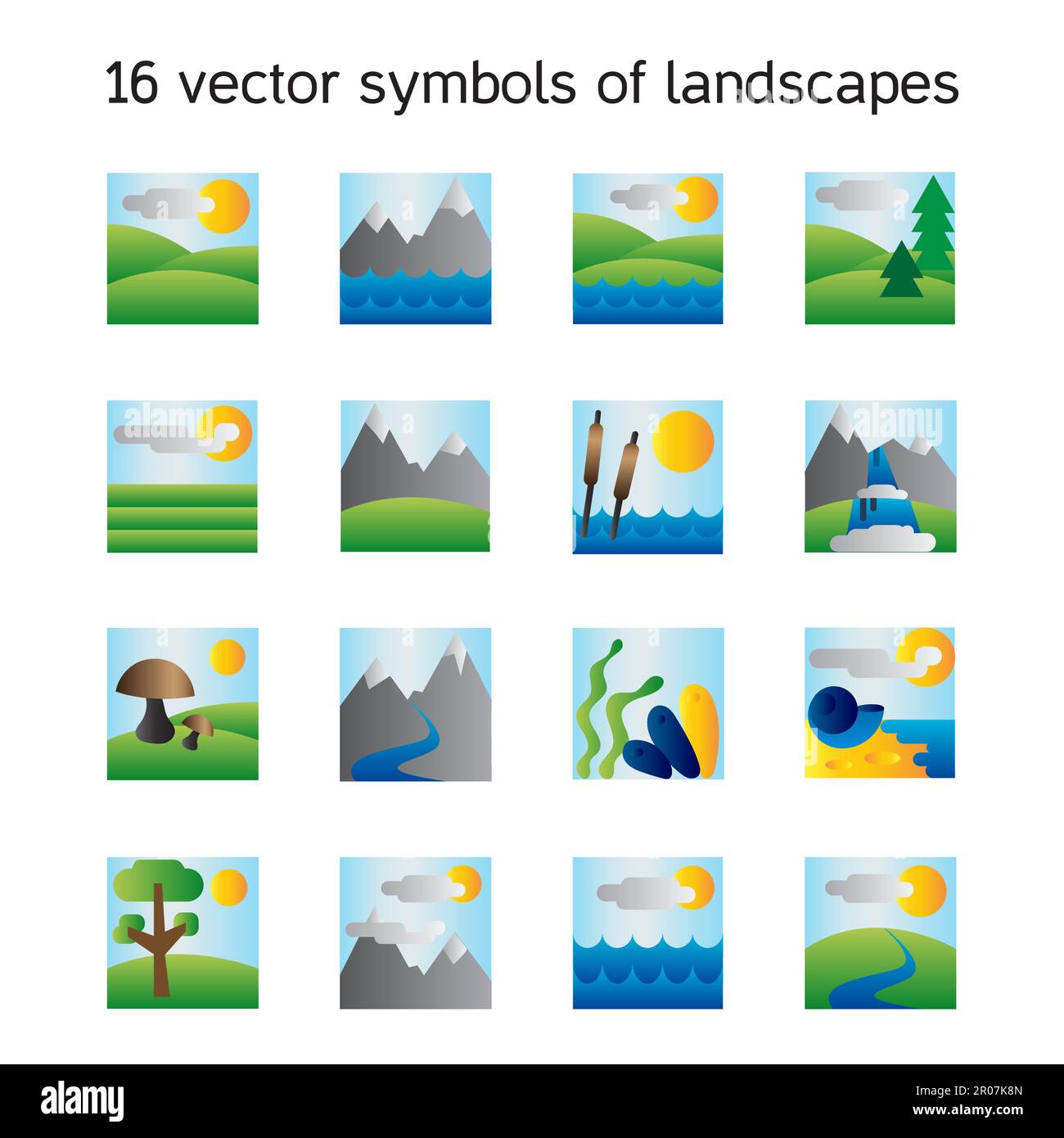 Landscape icons collection. Nature symbols and paysages in rectangle ...